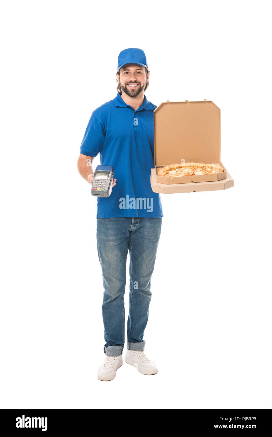 handsome delivery man holding pizza in boxes and payment terminal ...