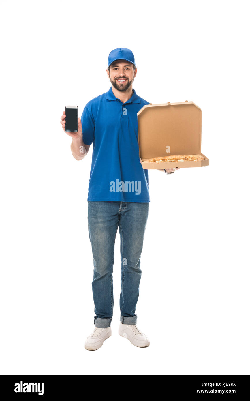 happy delivery man holding smartphone and pizza in box, smiling at ...