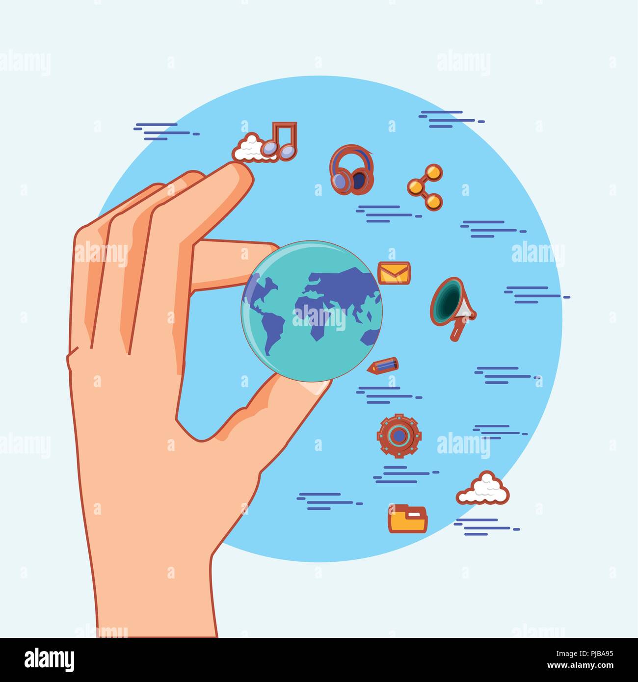 hand holding world promotion sharing email social media vector ...