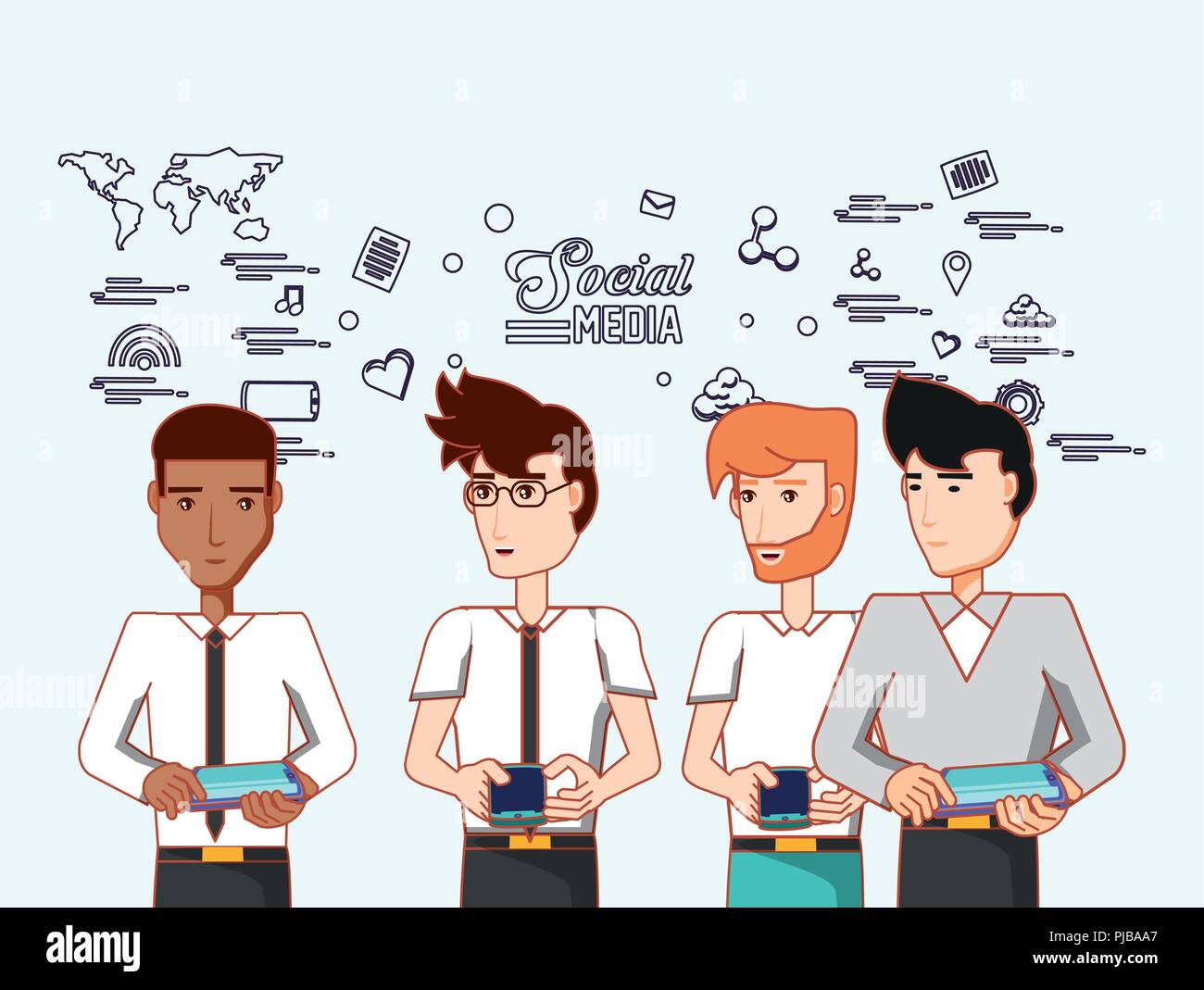 group men with mobile phone devices social media apps vector ...