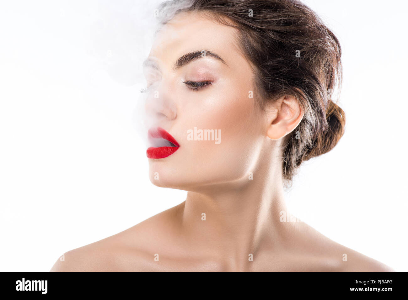 Full Red Lips Blowing Smoke Out