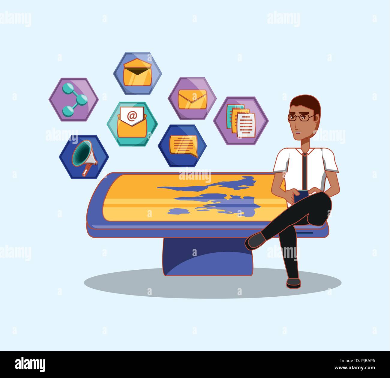 man using mobile sitting on device with map world social media vector ...