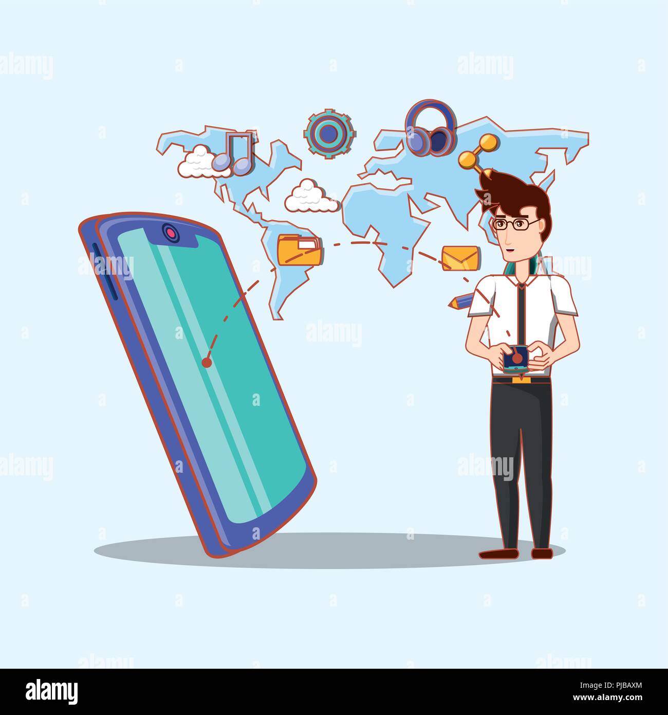 man with cellphone transfer data tablet world social media vector ...