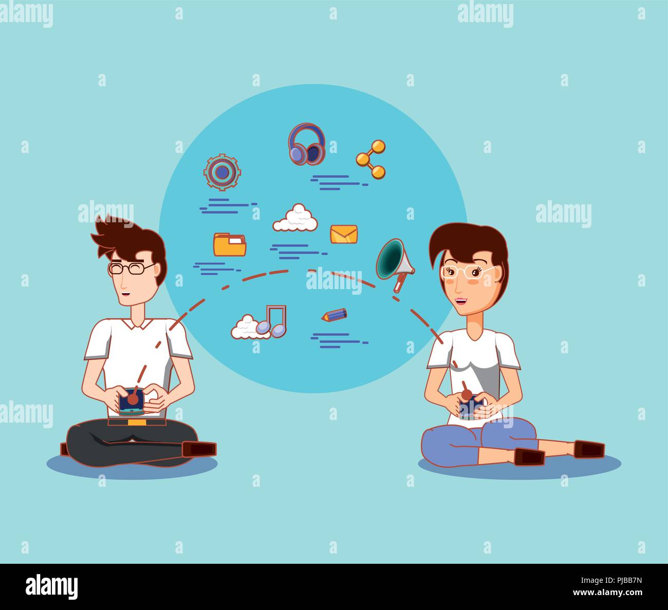 man and woman sharing content social media vector illustration Stock ...