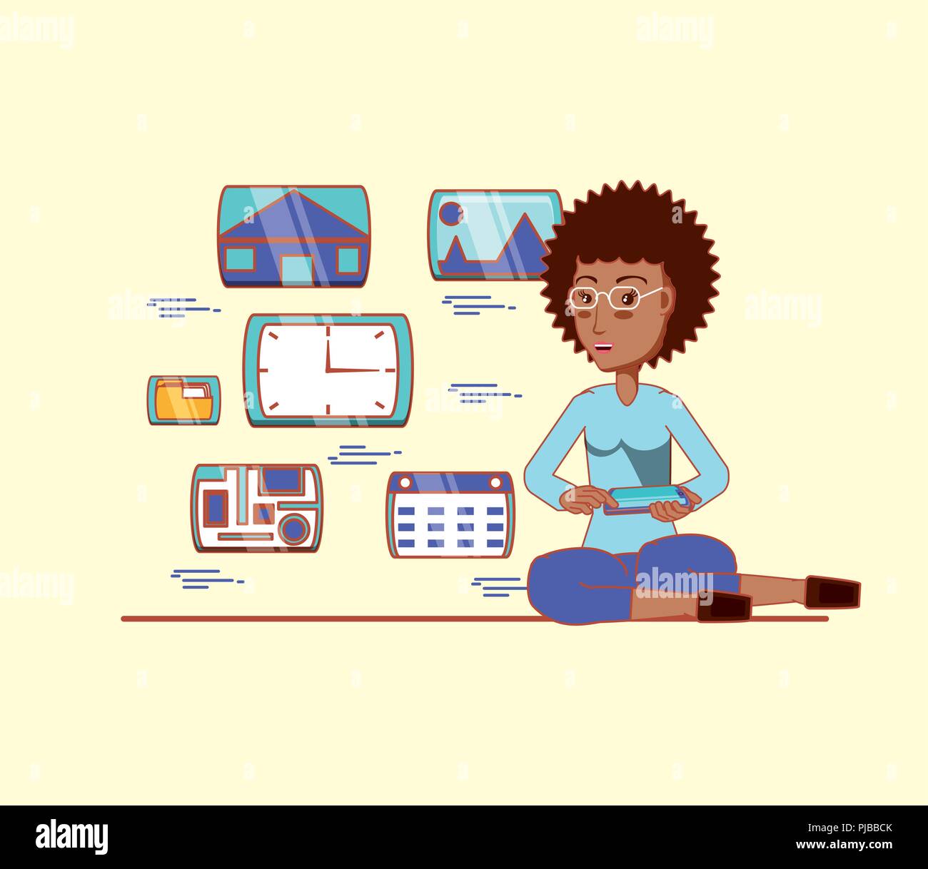 afro american woman with phone apps social media vector illustration ...