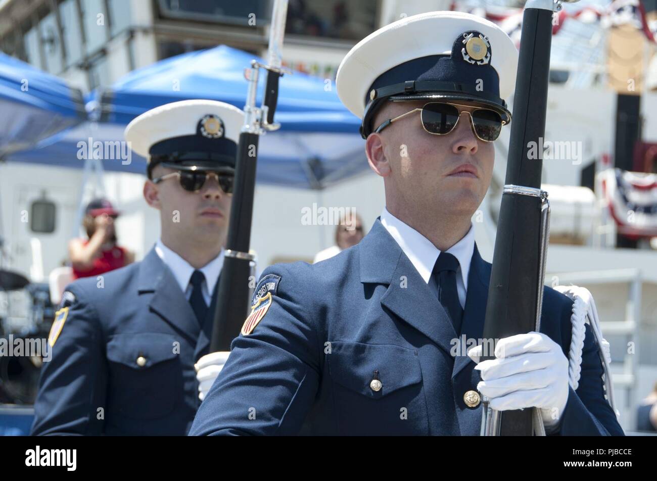 The U.S. Coast Guard Ceremonial Honor Guard Silent Drill Team performs ...