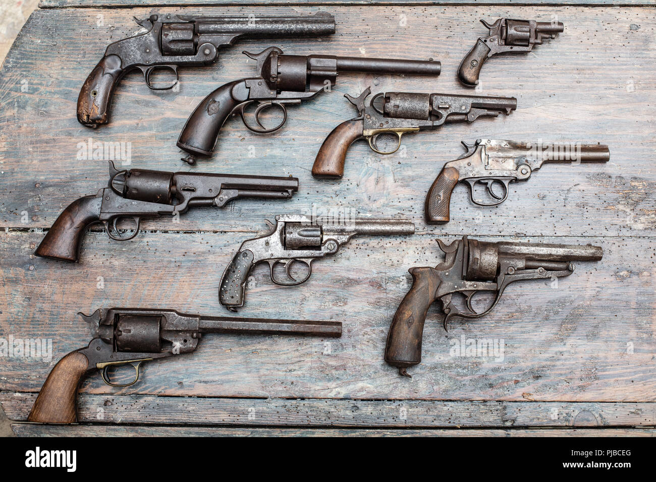 Historic gun in a museum exhibit or collectors showcase displayed on a ...