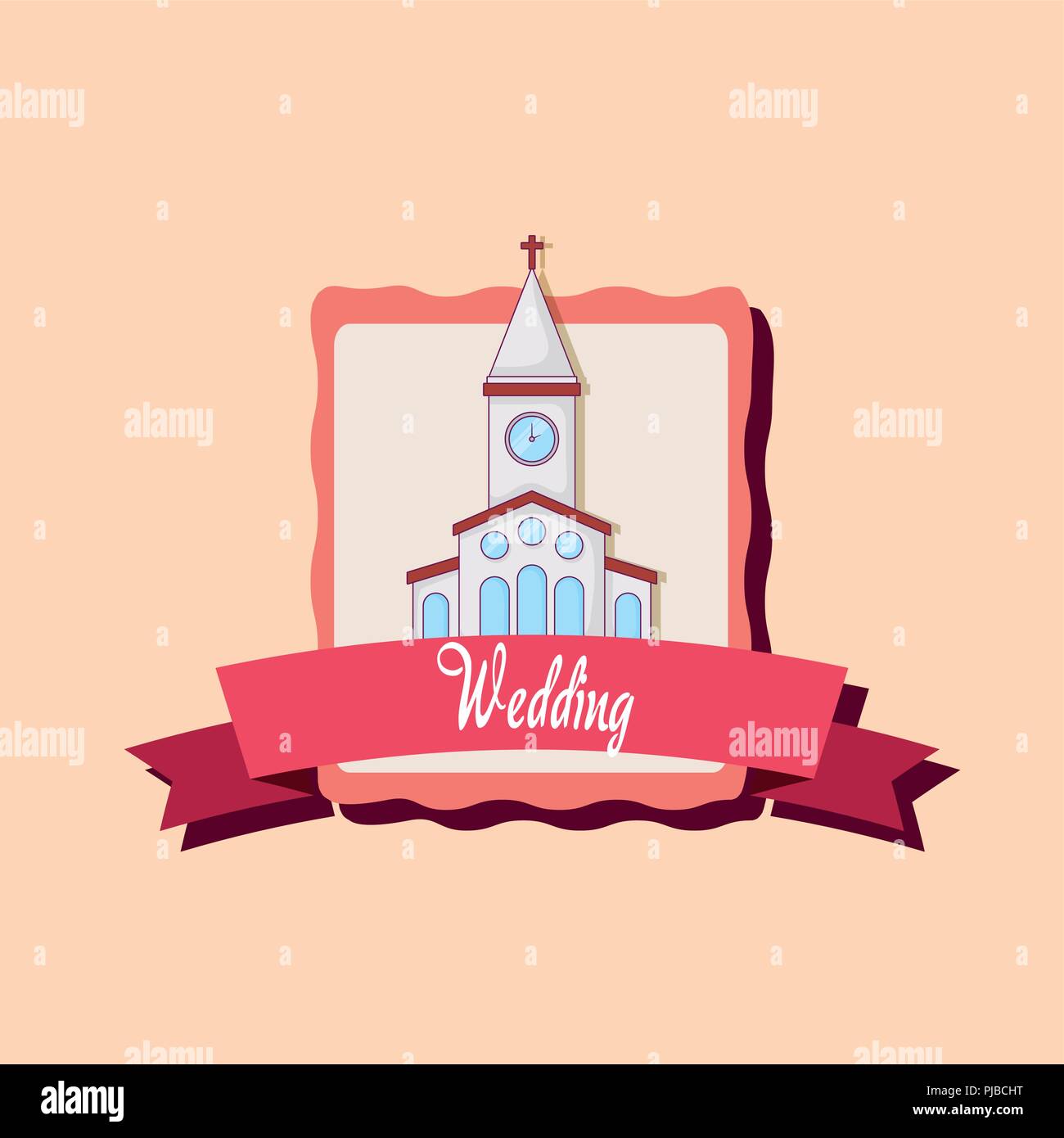 wedding celebration card with church building vector illustration ...