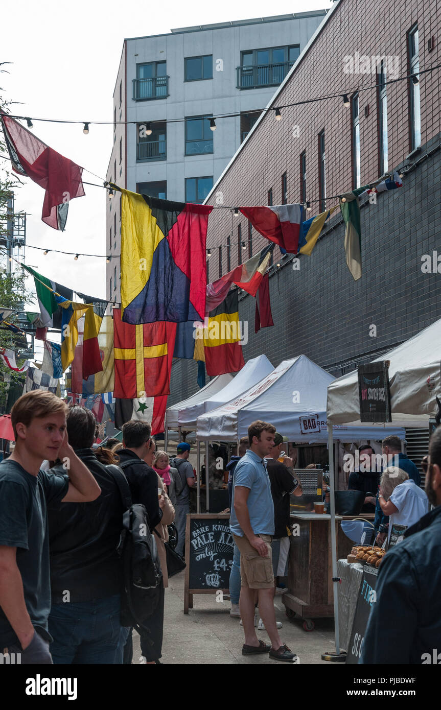 Saturday morning scene of people visiting the food market in Maltby ...
