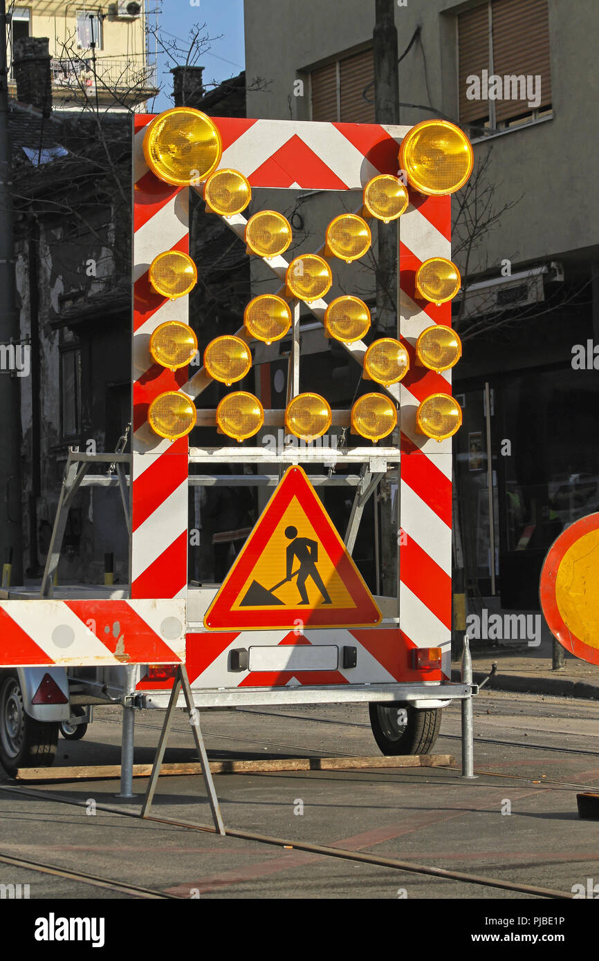 Road works construction traffic signs and lights Stock Photo - Alamy