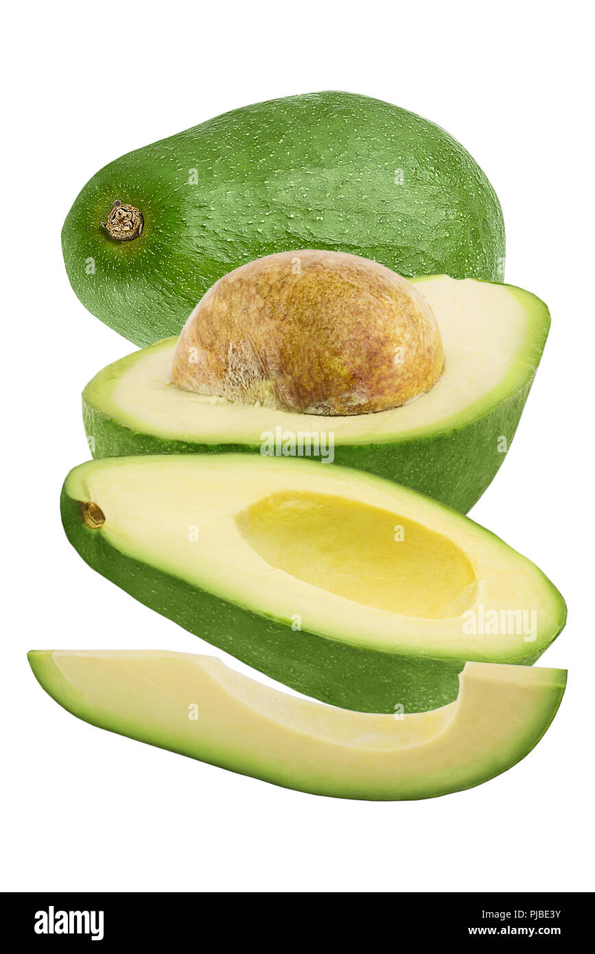 Flying fruits. Falling avocado isolated on white background with ...