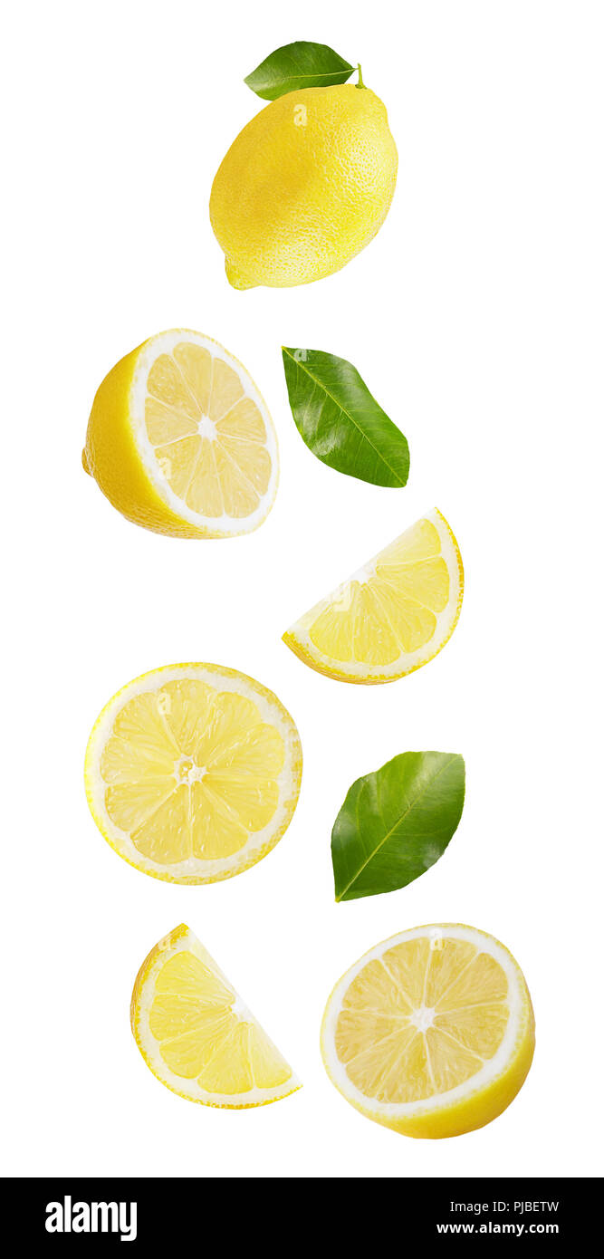 Flying fruits. Falling lemon isolated on white background with clipping ...