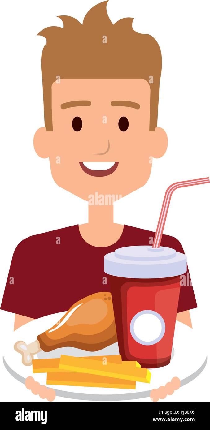 man eating chicken thigh with soda vector illustration design Stock ...