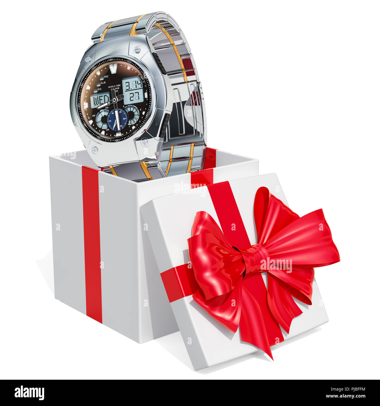 Gift concept, men's analog digital wrist watch inside gift box. 3D ...