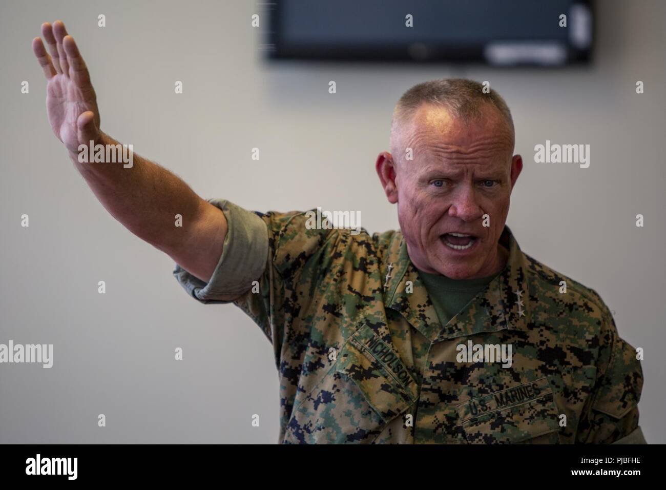 U.S. Marine Corps Lt. Gen. Lawrence D. Nicholson engages with Marines ...