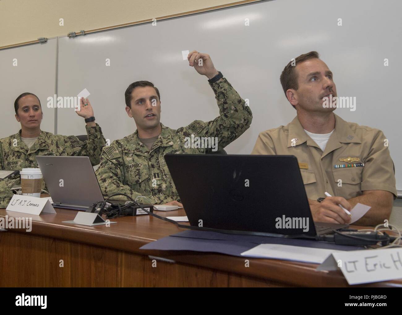 SAN DIEGO (July 12, 2018) Sailors conduct a mock promotion board during ...