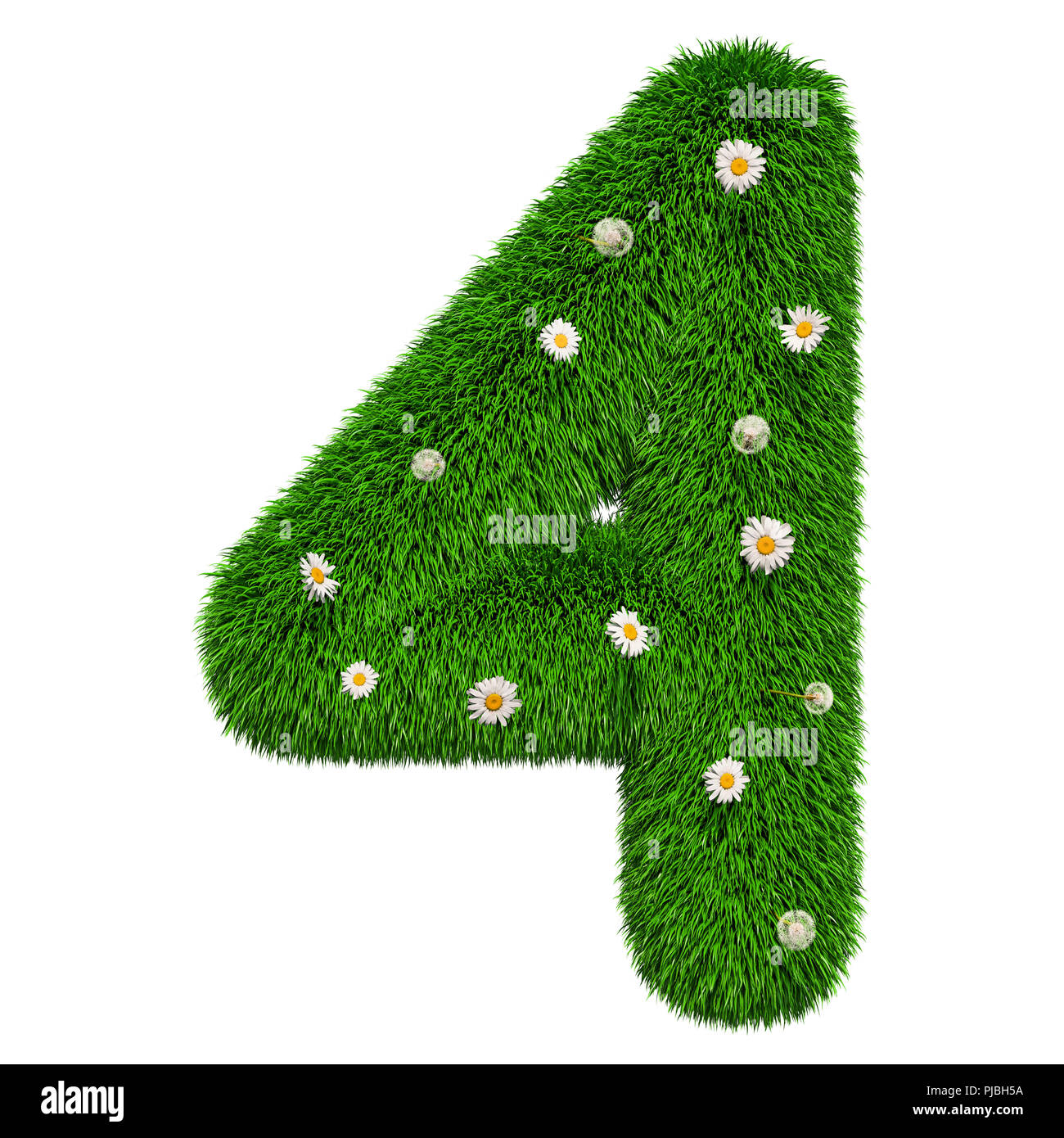number 4 from grass with flowers, 3D rendering isolated on white ...