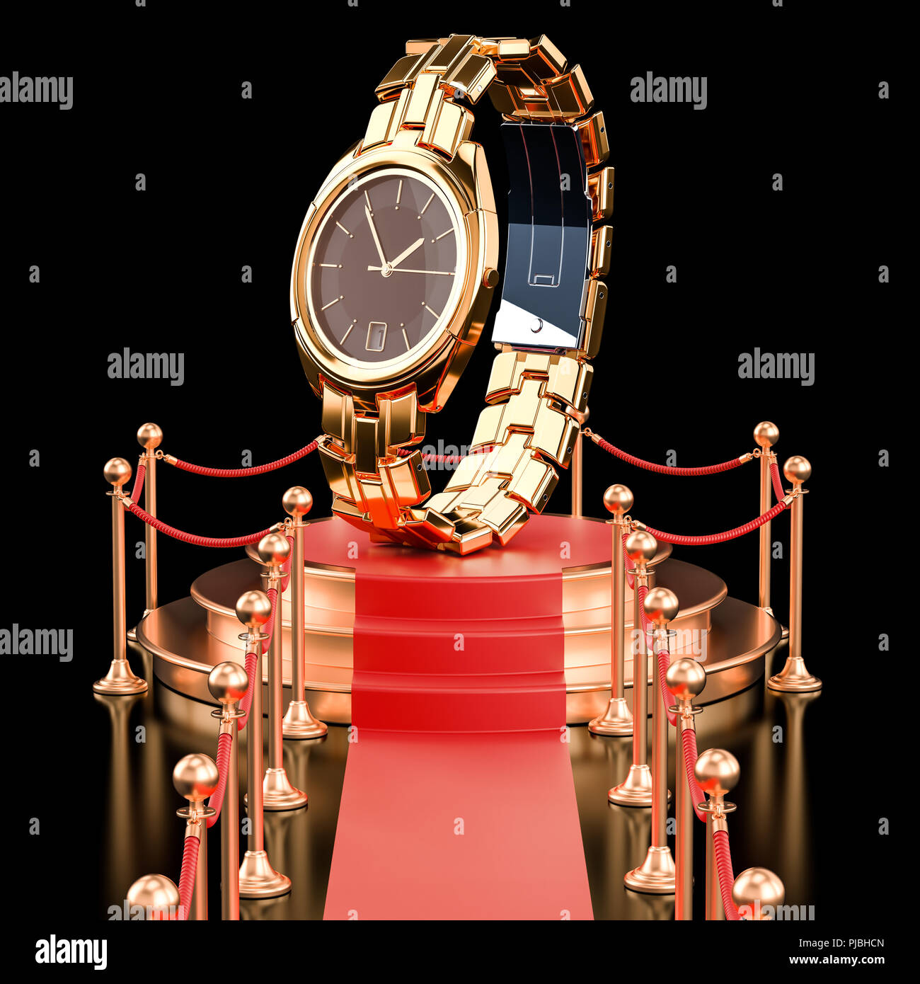 Podium with golden wrist watch. 3D rendering isolated on black ...