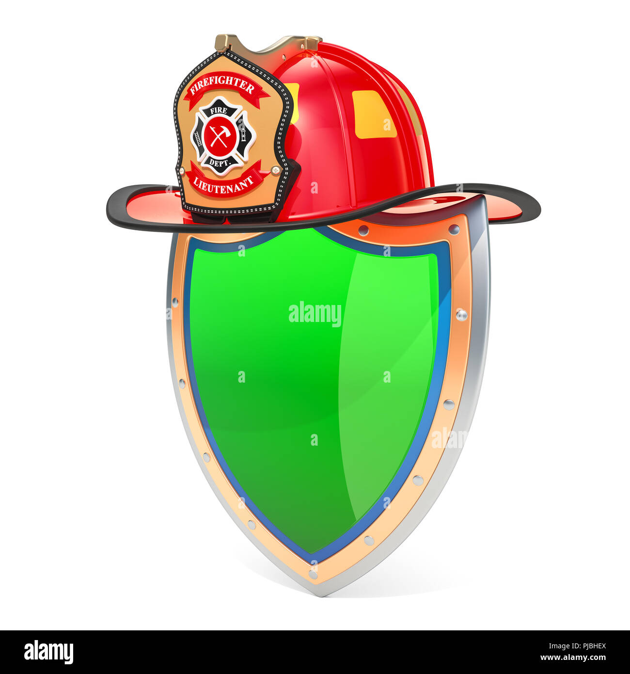Shield with Firefighter Helmet, safety and protect concept. 3D ...