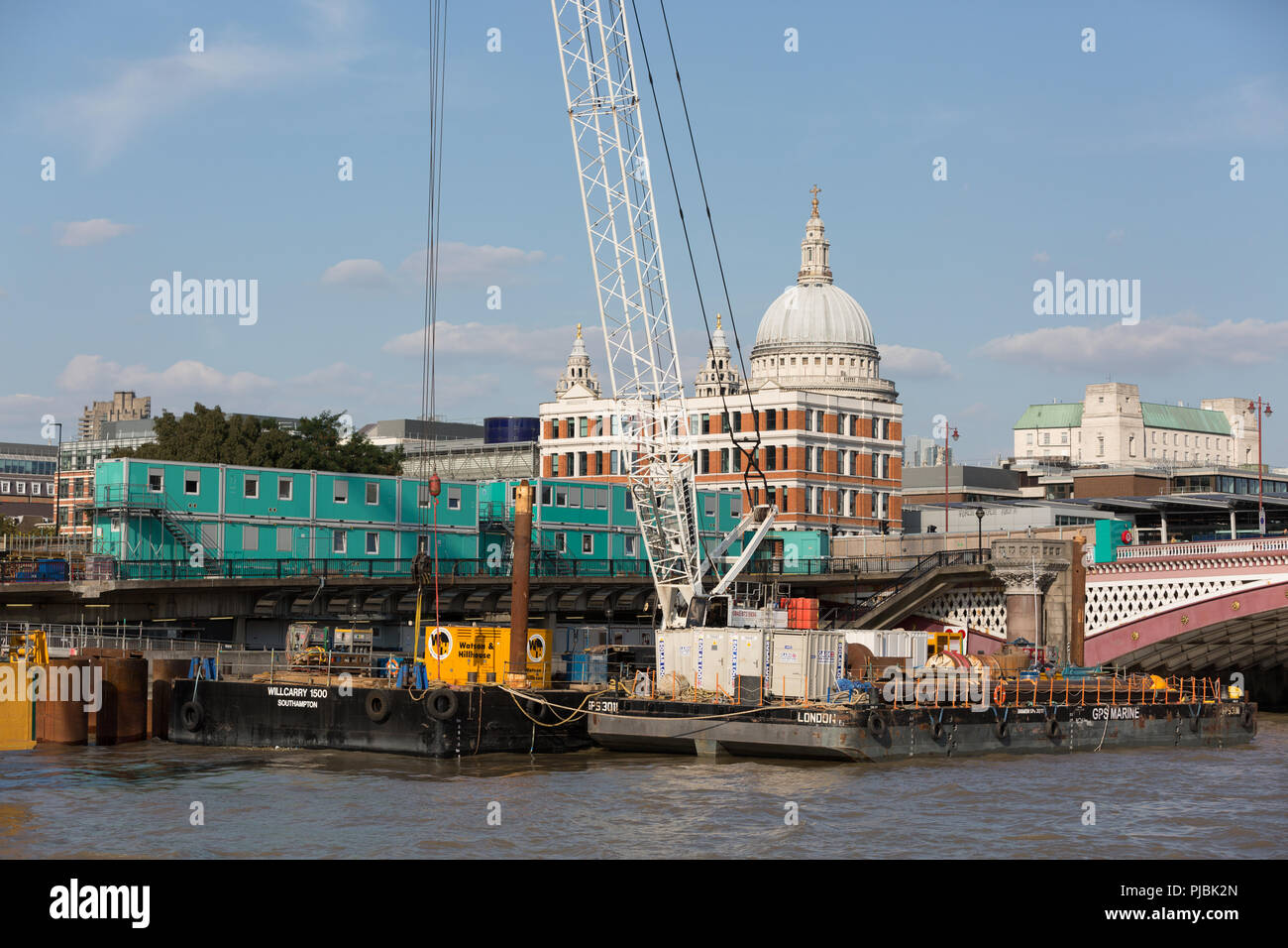 Construction Barges on the River Thames Stock Photo - Alamy