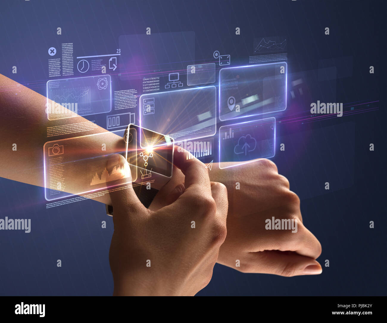 Female hand wearing smartwatch with statement labels around and dark ...