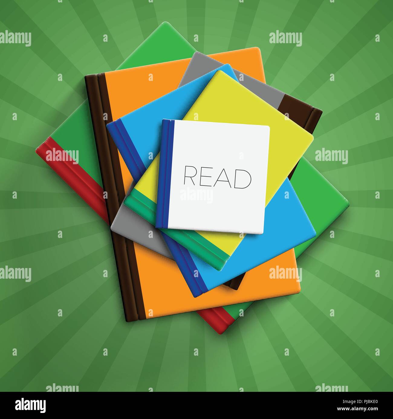 Realistic colorful books with green background and shadow, vector ...