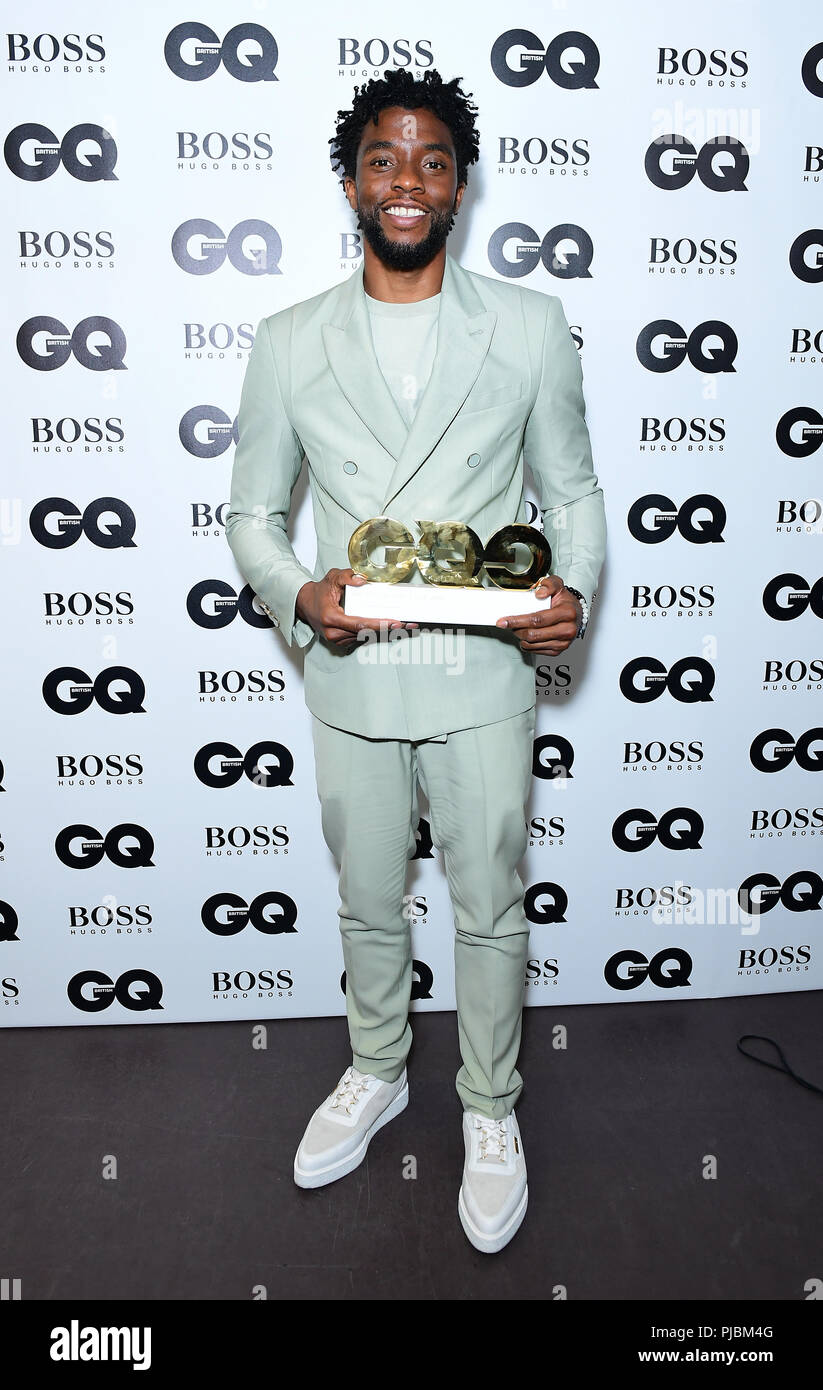 Chadwick Boseman in the press room with his International Man Award at ...