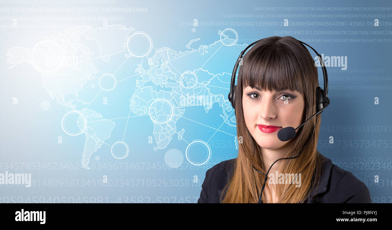 Young female telemarketer with blue background and world map and ...