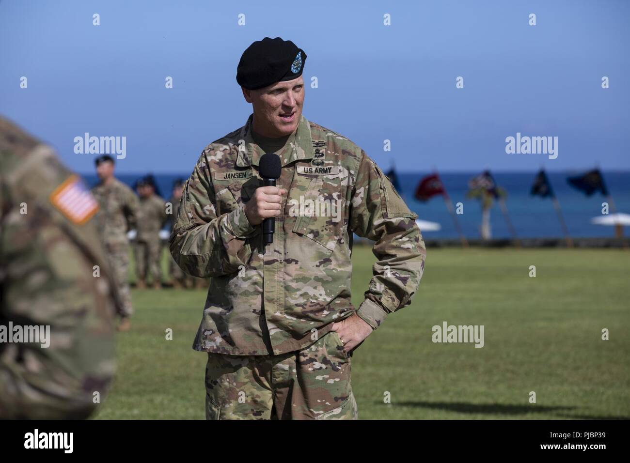 TORII STATION, OKINAWA, Japan – Col. Derek K. Jansen speaks during the ...