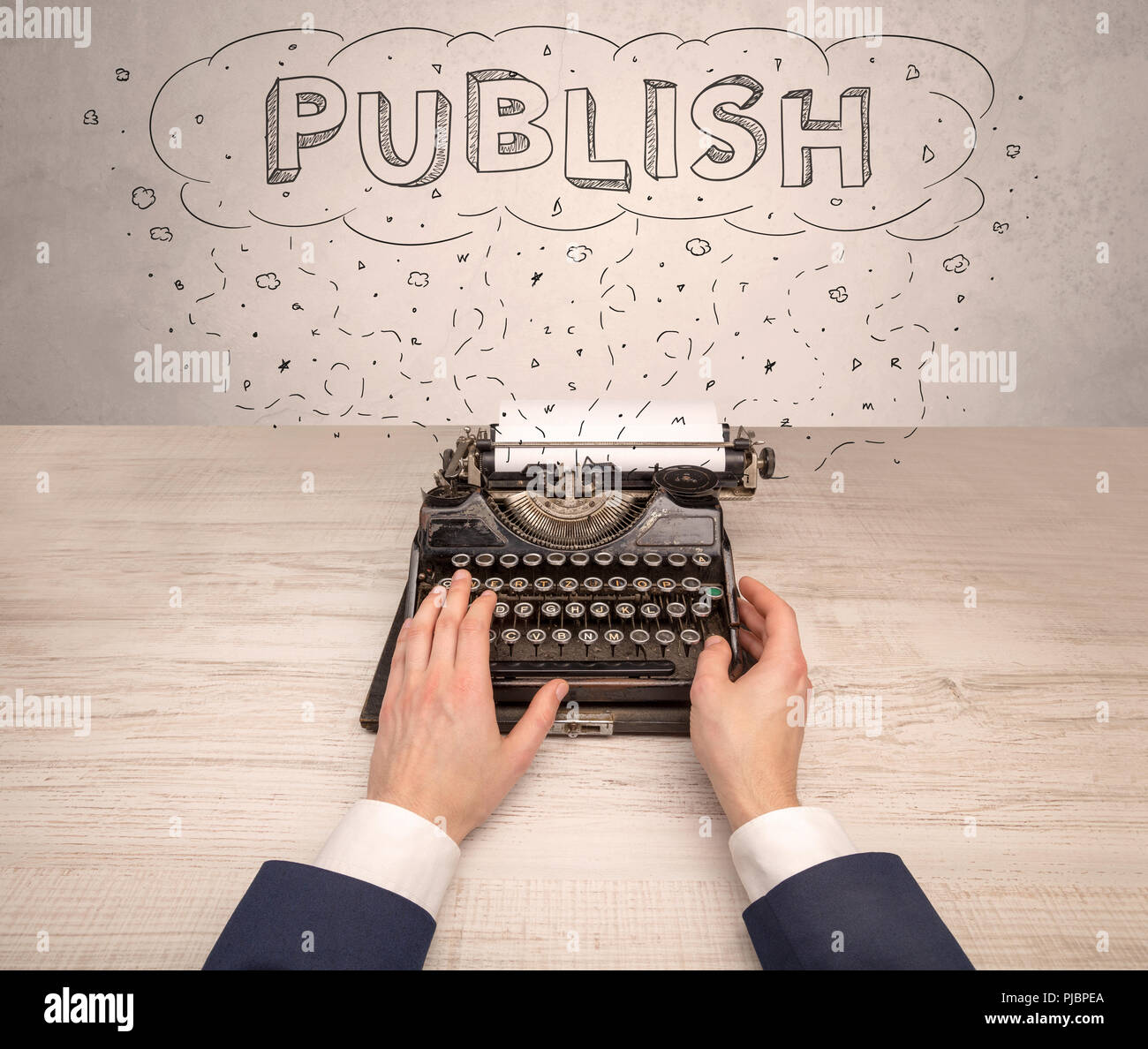 First person perspective hand writing on typewriter with cloud message ...