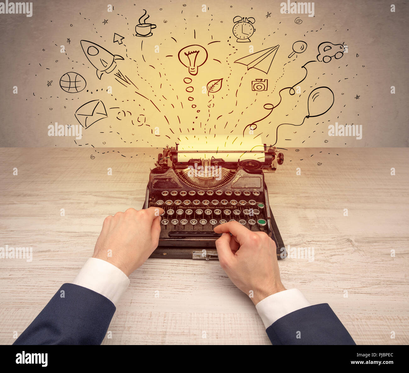 Typewriter with doodles, idea, message, plane, car balloon social media ...