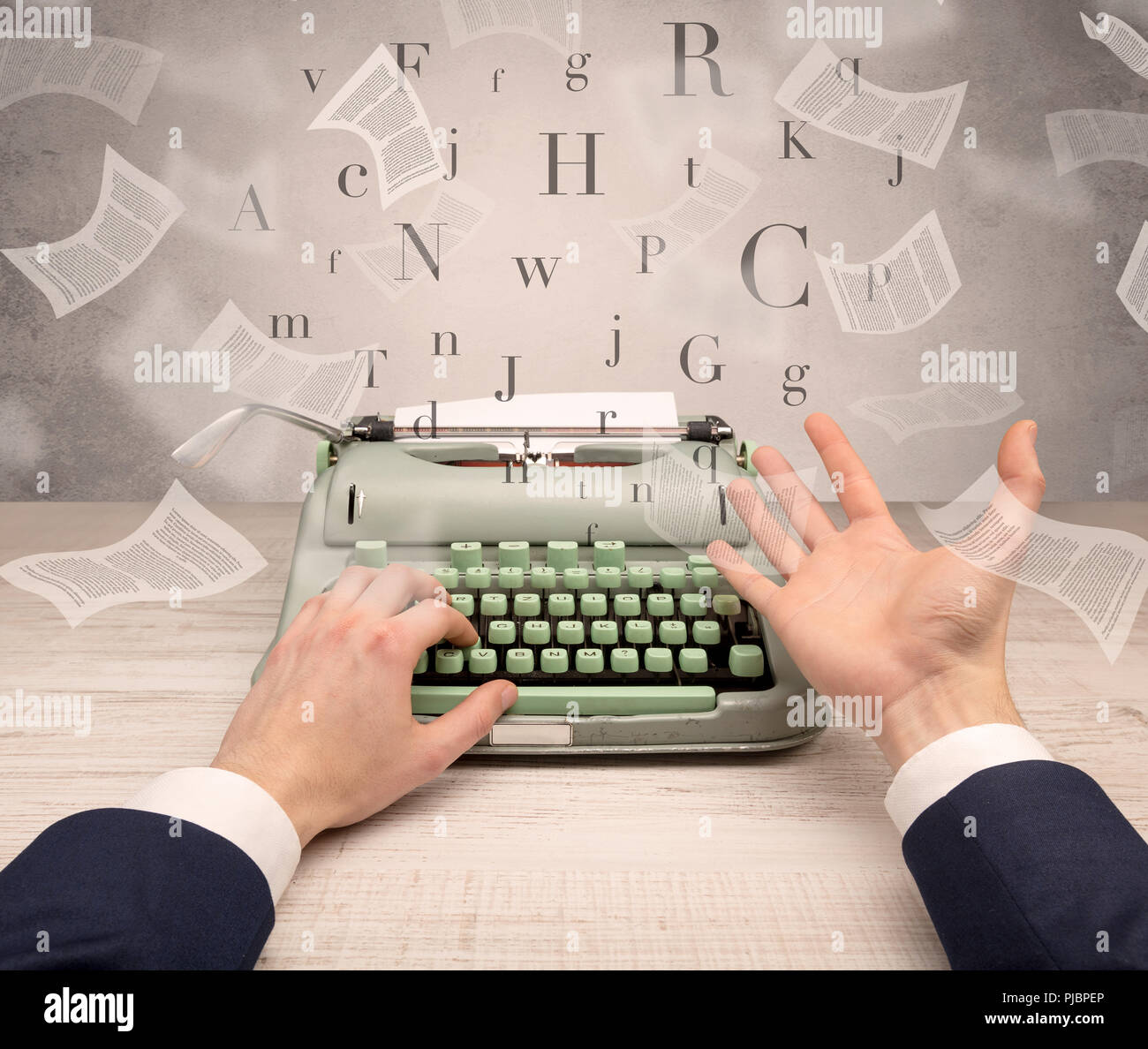First person perspective hand typewriting with flying documents around ...