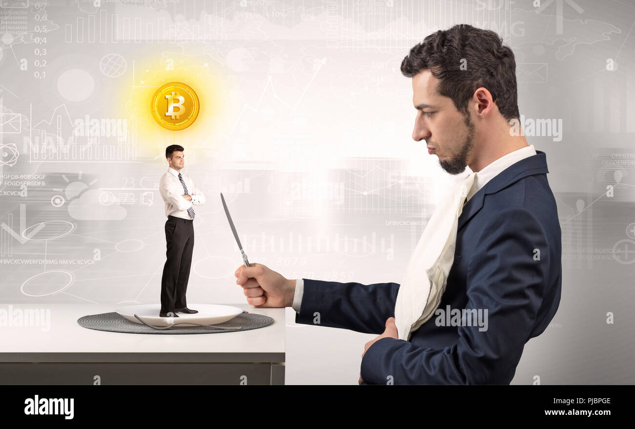 Giant businessman eating small man with financial background Stock ...