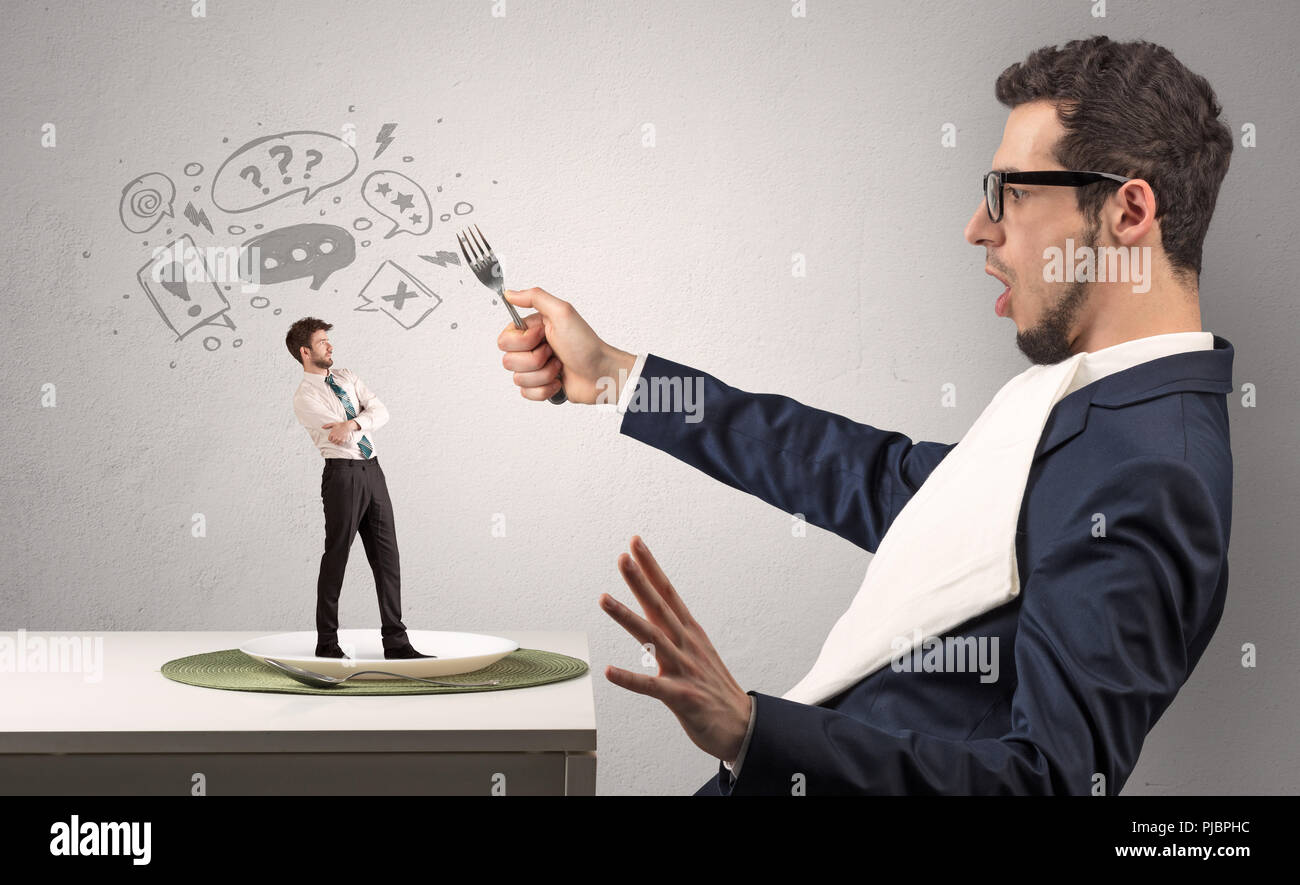 Big businessman want to eat small man with cloud messages above his ...
