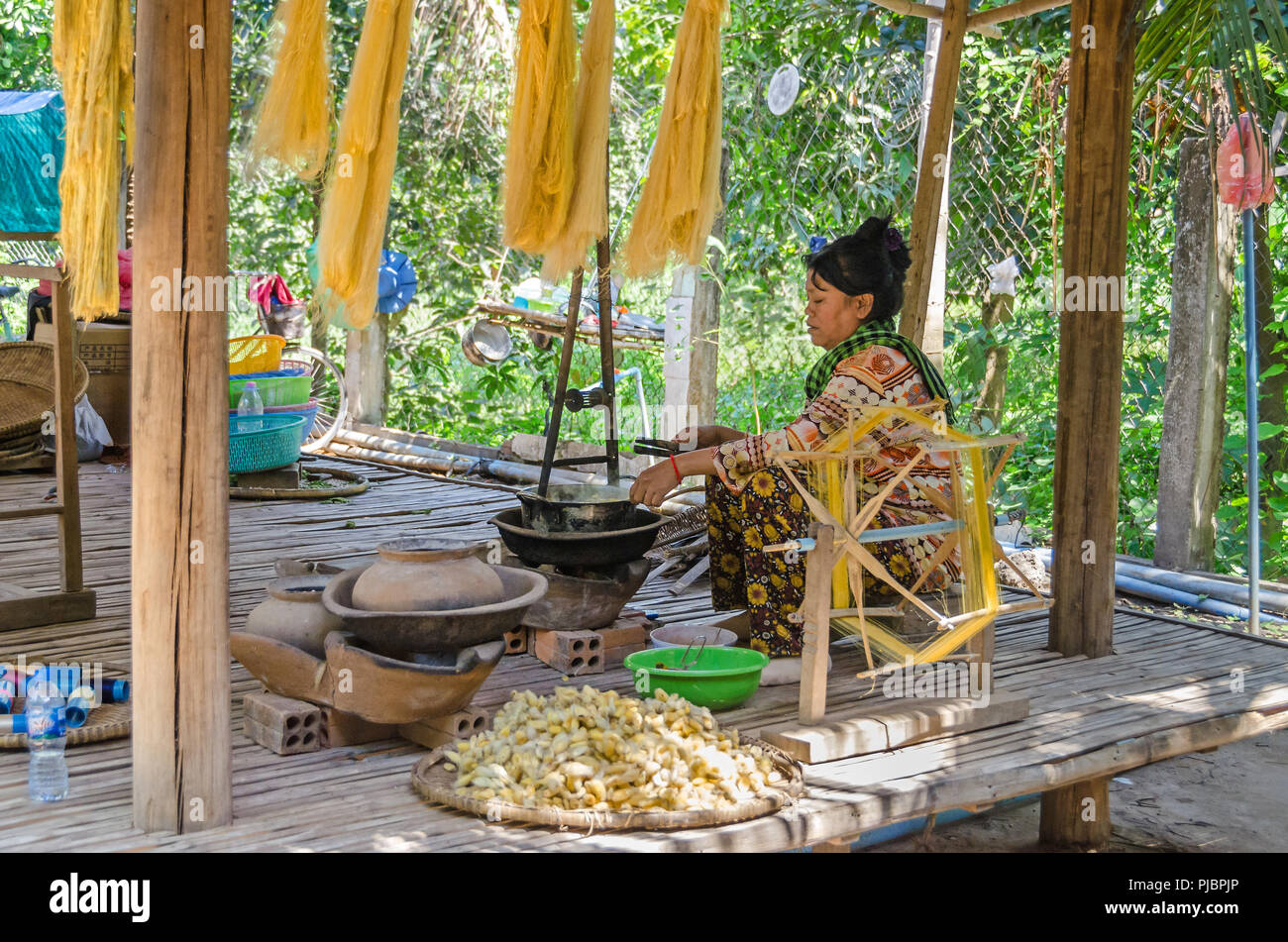 Chong Koh, Cambodia - April 9, 2018: Silk-weaver in a small remote ...