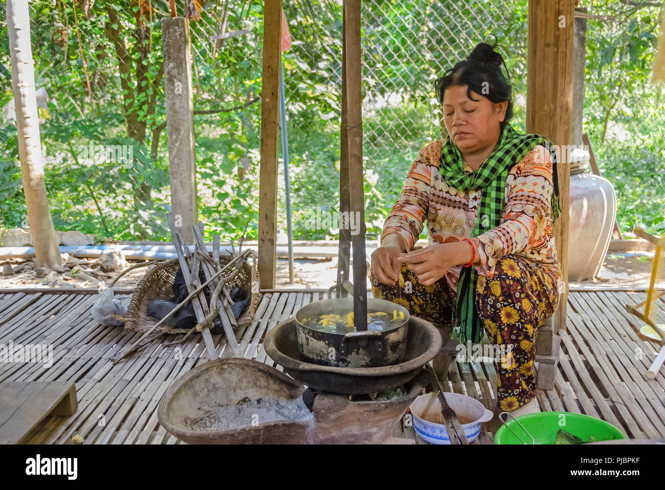 Chong Koh, Cambodia - April 9, 2018: Silk-weaver in a small remote ...