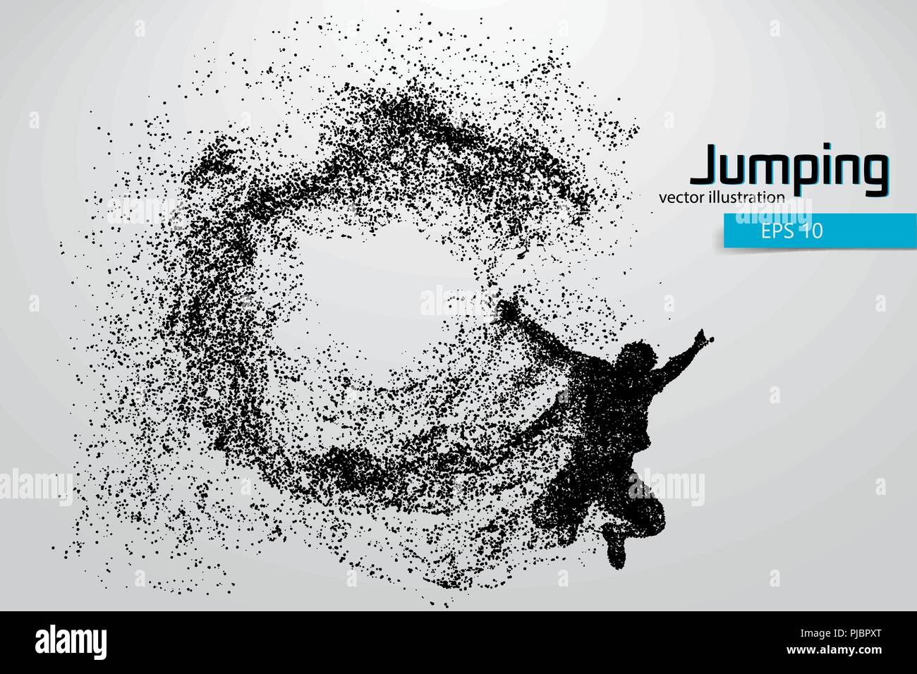 Silhouette of a jumping man from particles. Text and background on a ...