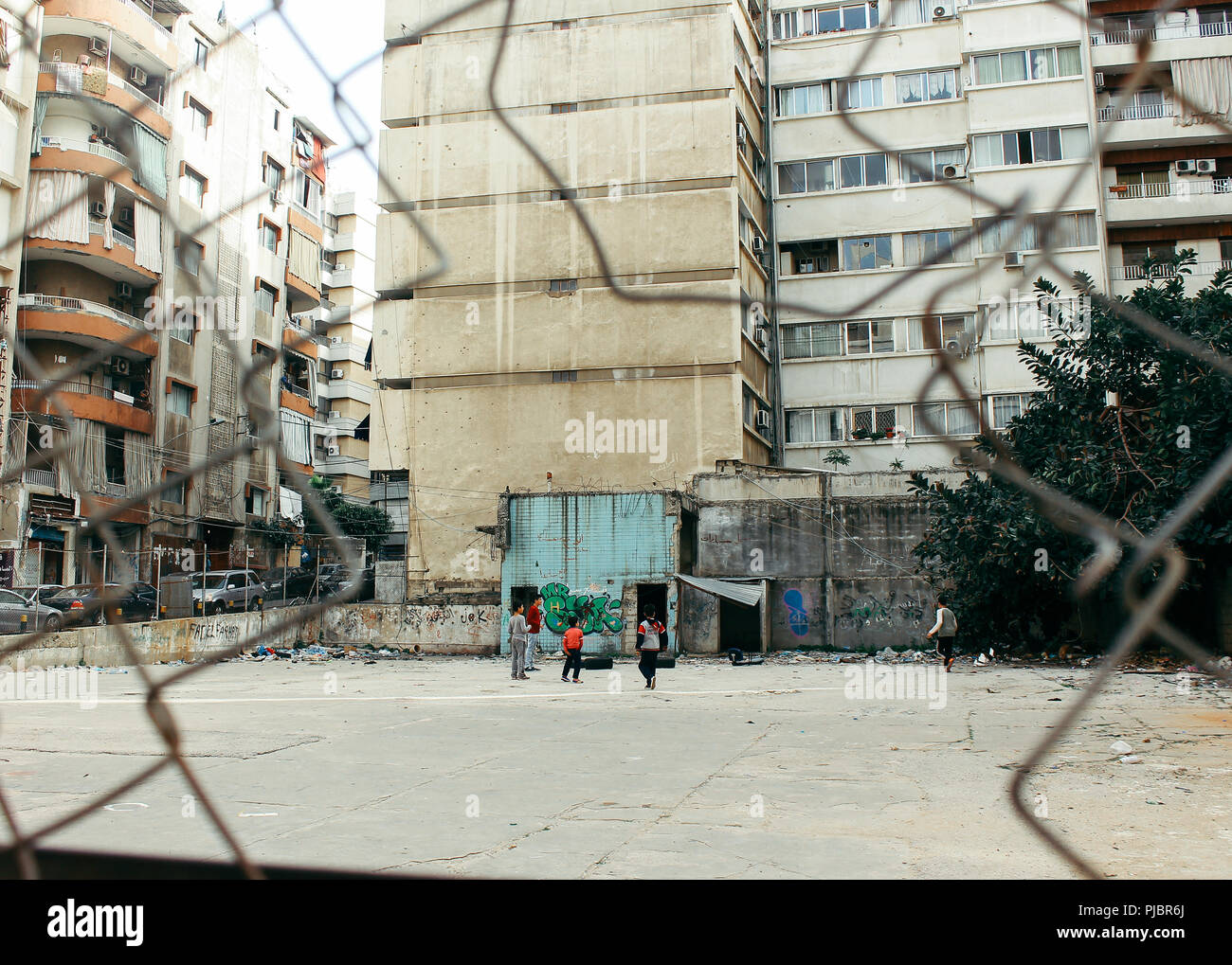 Group of Syrian kids refugee playing football in Beirut Lebanon 2018 ...