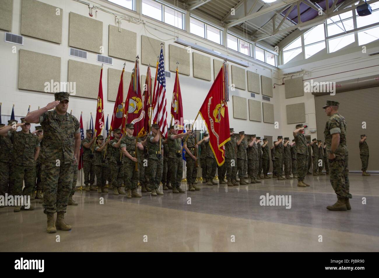 Marines with 4th Marine Logistics Group salute and present colors ...