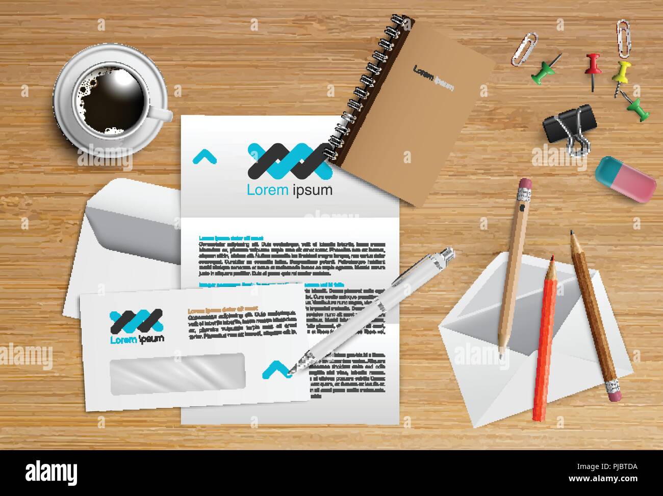 Realistic office desk with different objects, vector illustration Stock ...