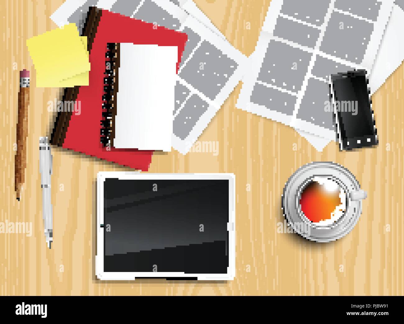 Realistic office desk with different objects, vector illustration Stock ...