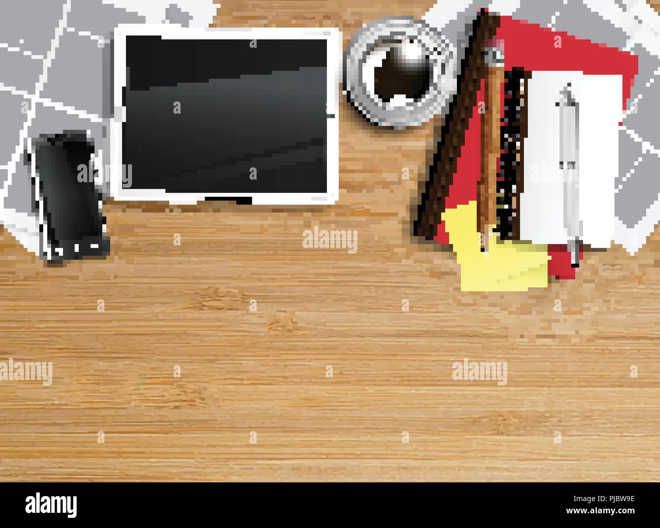 Realistic office desk with different objects, vector illustration Stock ...
