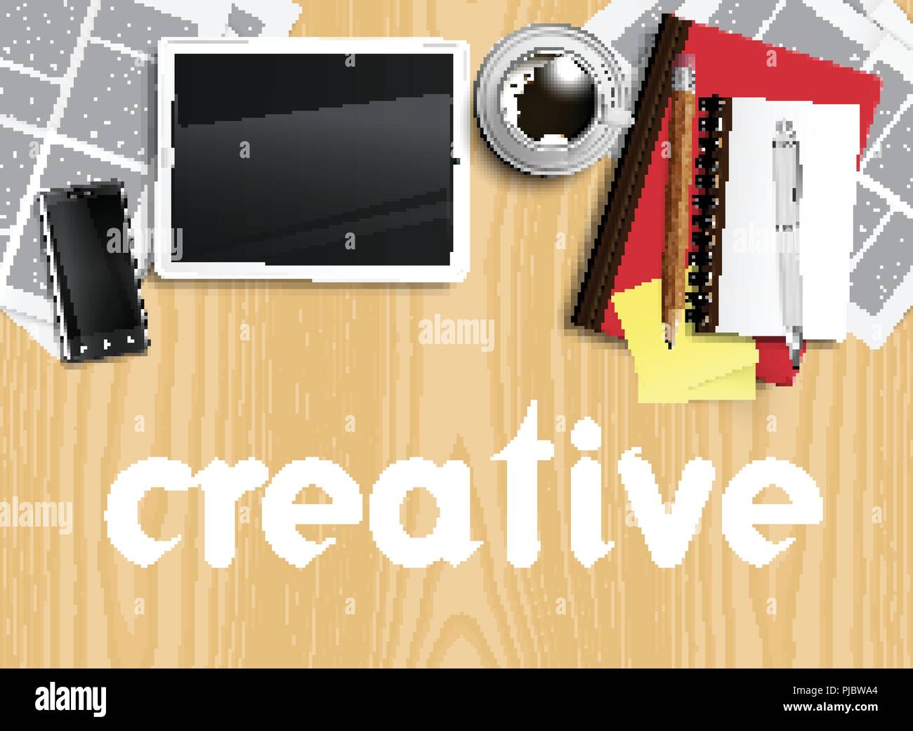 Realistic office desk with different objects, vector illustration Stock ...