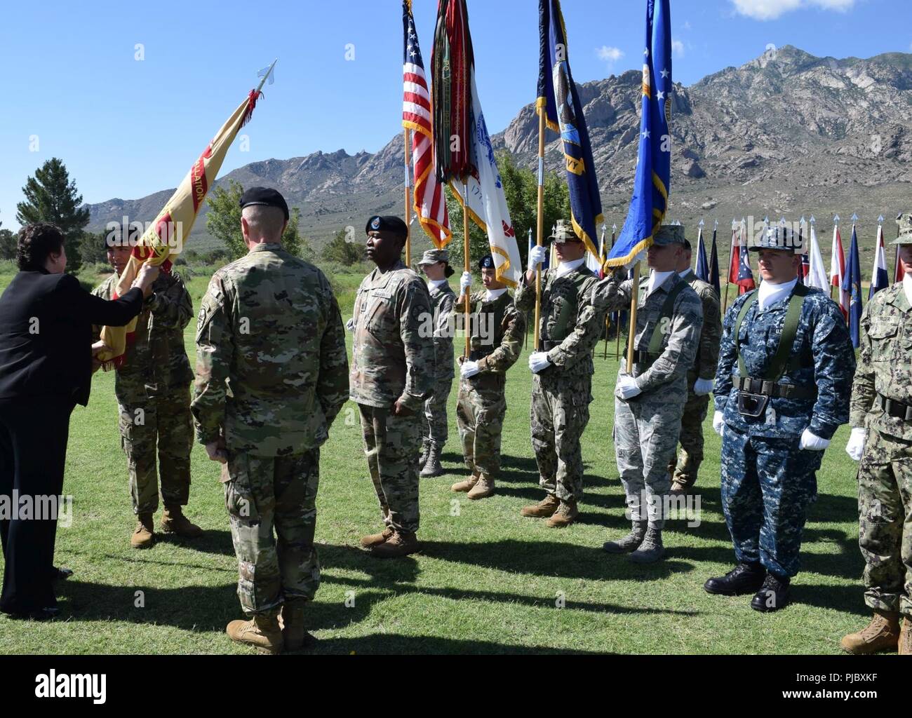 Col. Christopher Ward receives the colors from Brenda Lee McCullough ...