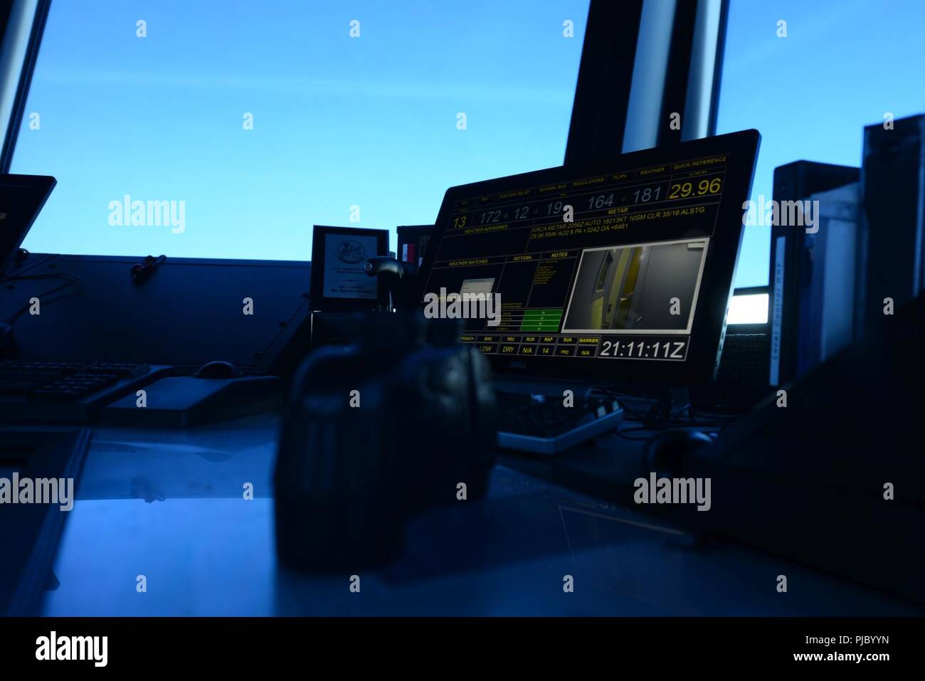 Air traffic control gear sits inside the air traffic control tower at ...