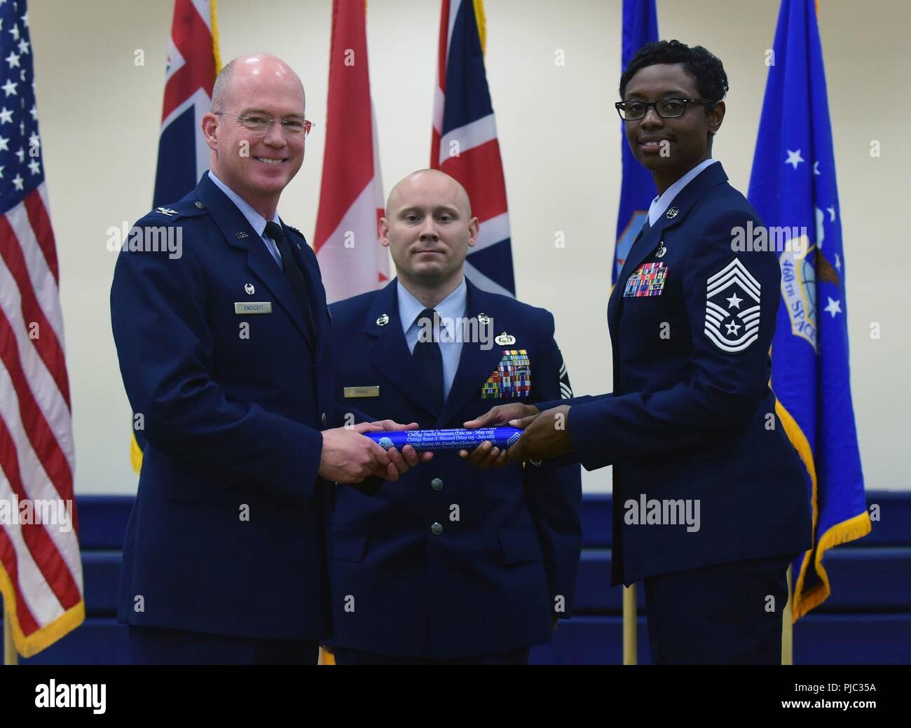 Chief Master Sgt. Tamar Dennis, 460th Space Wing command chief, accepts ...