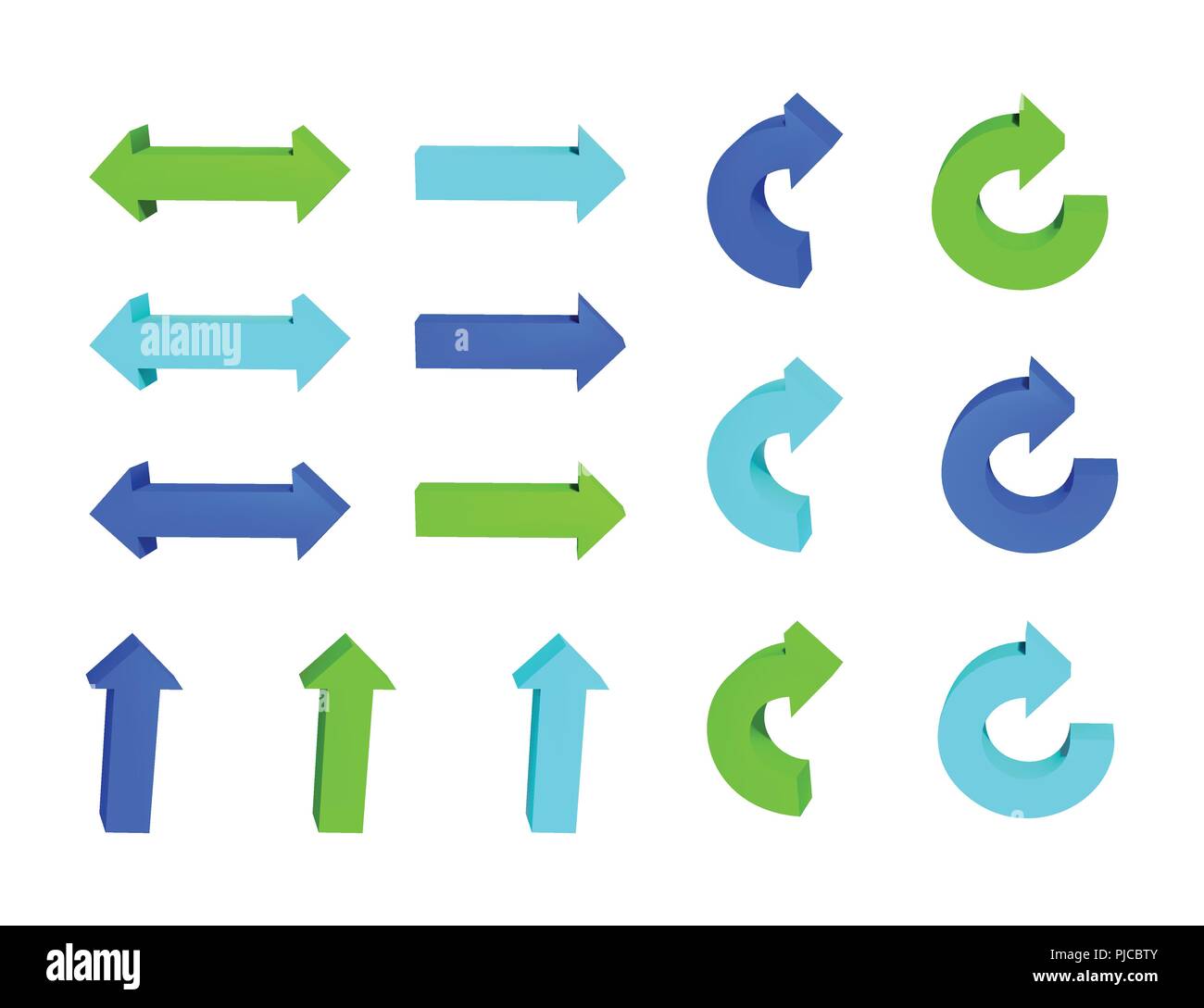 Set of arrows. Threedimensional. Green and blue color. Vector ...