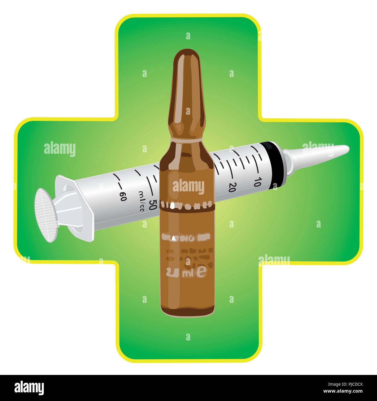 Medical icon. Medical cross, syringe for injections , glass ampoule ...