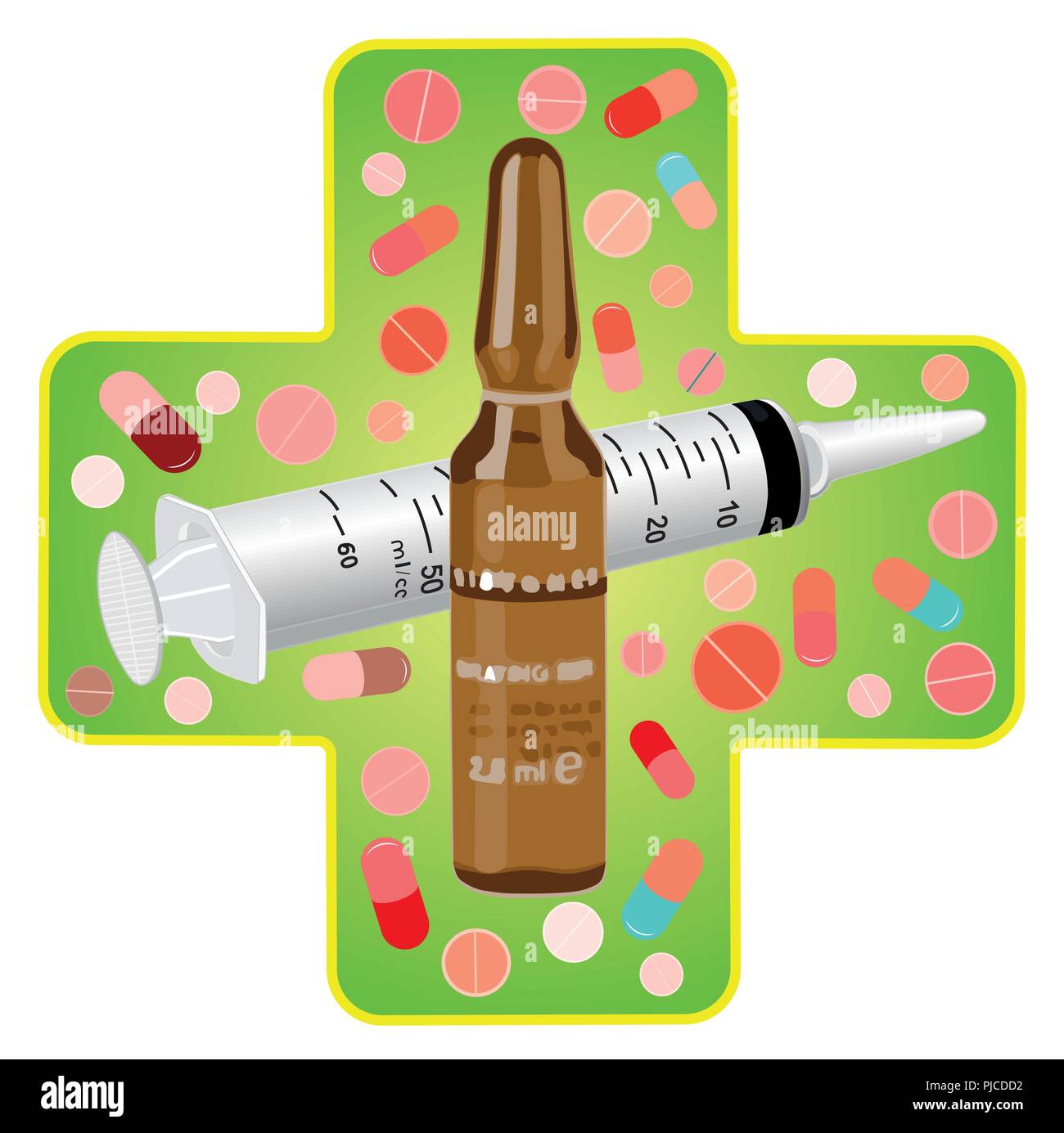 Medical icon. Medical cross, syringe for injections , glass ampoule ...