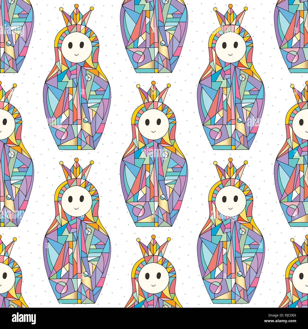 Matryoshka girl hand drawn vector pattern. Nesting doll with crown ...